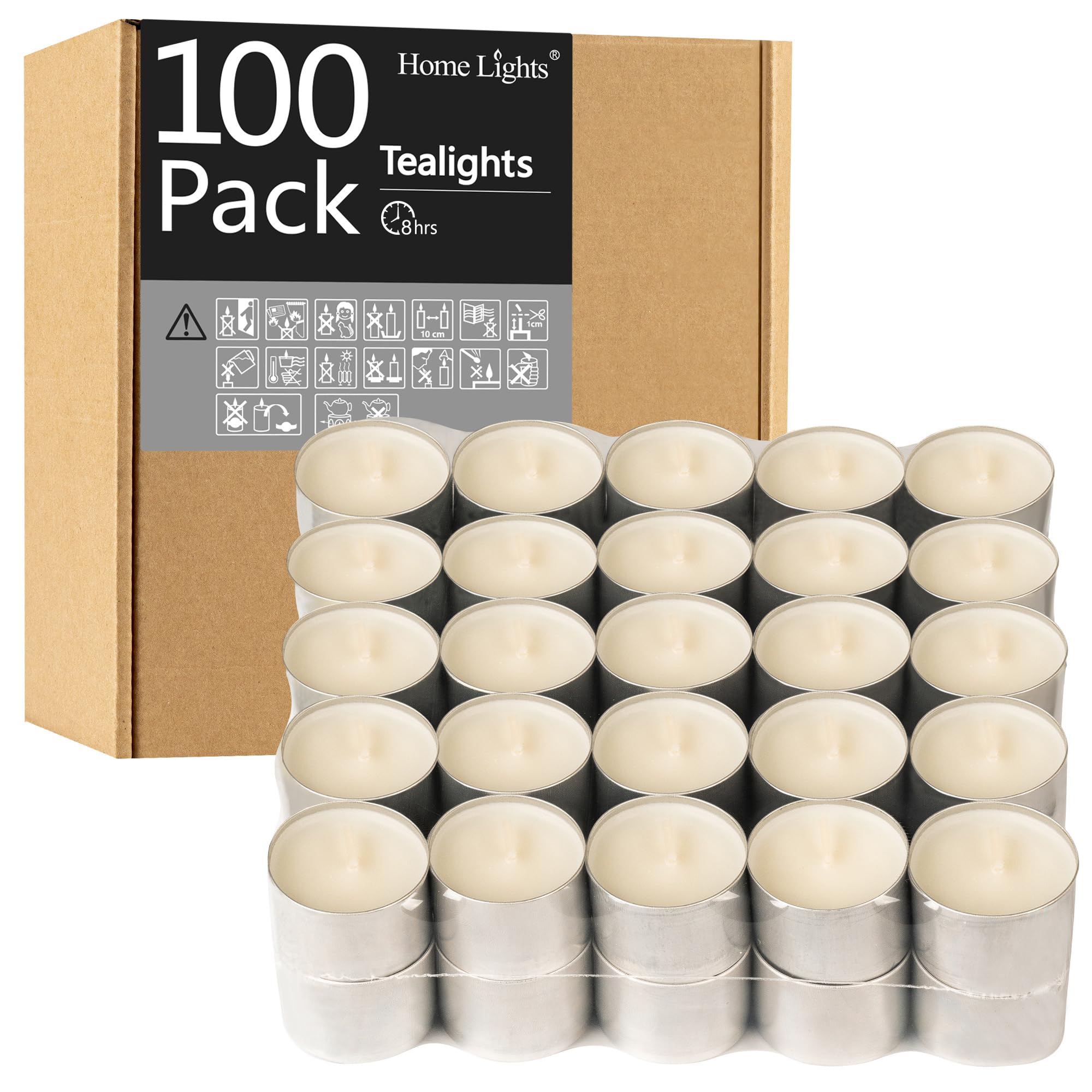 HomeLights Tealight Candles - 8 Hour Long time Burning, Giant 100,200,300 Packs -White Smokeless European Tea Light Unscented Candles for Shabbat, Weddings, Christmas,Home Decorative -100 Pack