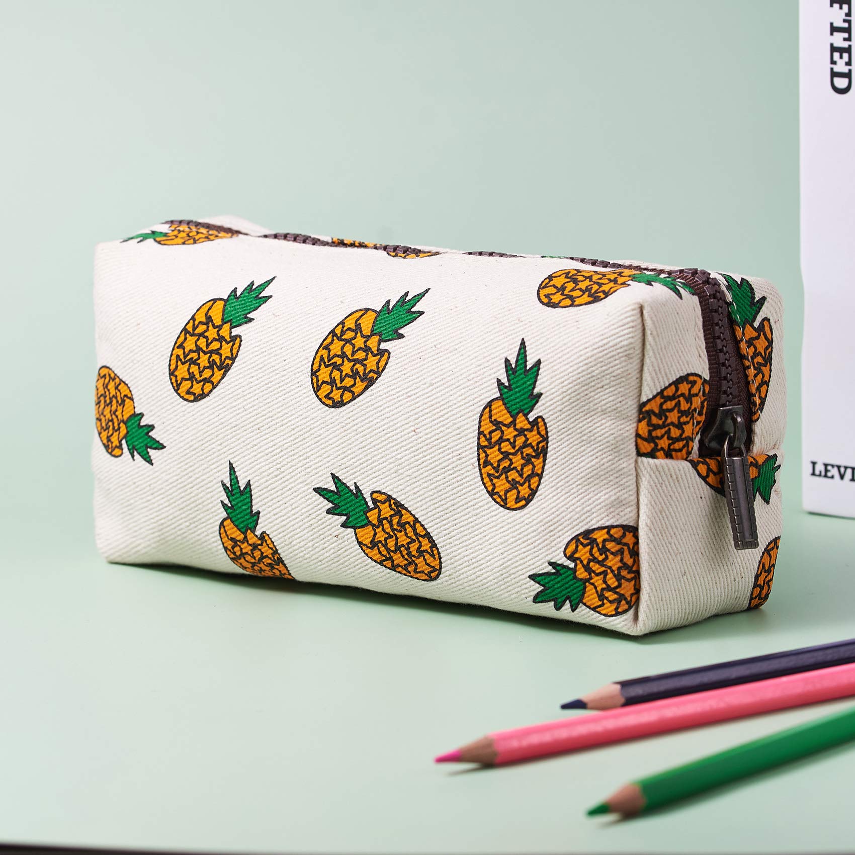 LParkin Cute Pineapple Teen Large Capacity Canvas Pencil Case Pen Bag Box Gadget Pouch Stationary Case Makeup Cosmetic Bag