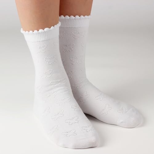 COTTON DAY Girls White Dressy Textured Short Socks Scallop Top Butterfly Design 6-8 Years Size M (8)