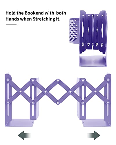 MSDADA Adjustable Bookends, Book Ends for Heavy Books, Expandable Book Organizer with Pen Holder for Desk, Shelf, Office, for 6 7 8 9-15 Boys and Girls, Extends up to 19 inches (Purple)