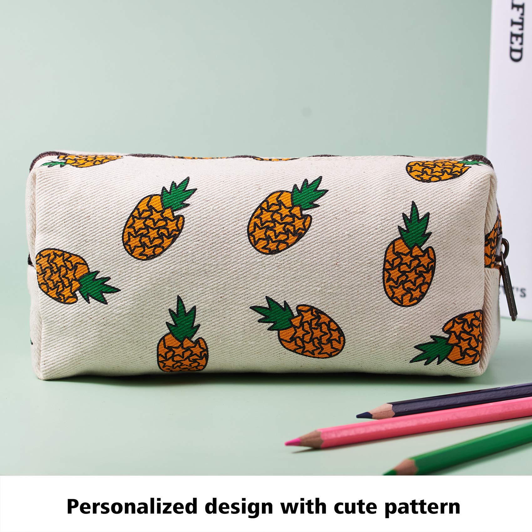 LParkin Cute Pineapple Teen Large Capacity Canvas Pencil Case Pen Bag Box Gadget Pouch Stationary Case Makeup Cosmetic Bag