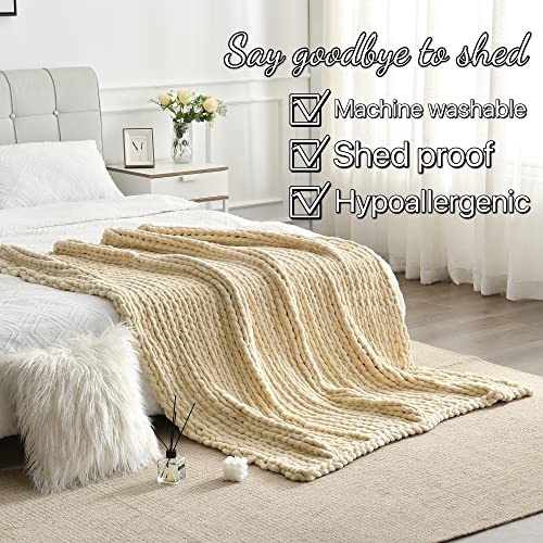 Maetoow Tighter Version Chenille Chunky Knit Blanket Throw (40×50 Inch), Handmade Warm & Cozy Blanket Couch, Bed, Home Decor, Soft Fleece Banket, Boho Thick Blankets and Giant Yarn Throws,Beige