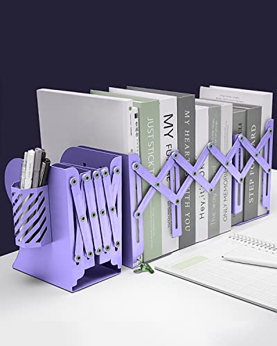 MSDADA Adjustable Bookends, Book Ends for Heavy Books, Expandable Book Organizer with Pen Holder for Desk, Shelf, Office, for 6 7 8 9-15 Boys and Girls, Extends up to 19 inches (Purple)