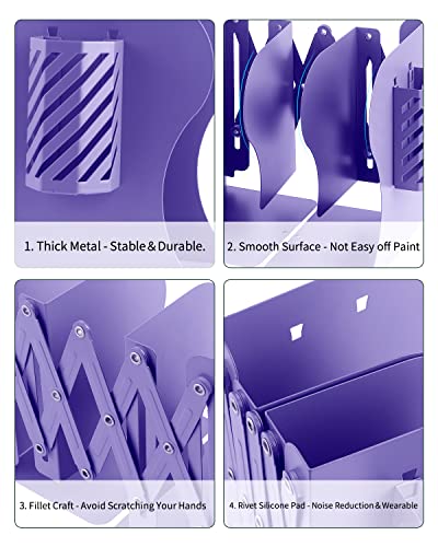 MSDADA Adjustable Bookends, Book Ends for Heavy Books, Expandable Book Organizer with Pen Holder for Desk, Shelf, Office, for 6 7 8 9-15 Boys and Girls, Extends up to 19 inches (Purple)