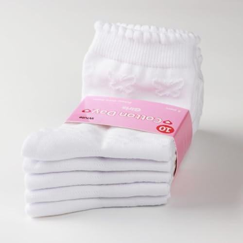 COTTON DAY Girls White Dressy Textured Short Socks Scallop Top Butterfly Design 6-8 Years Size M (8)