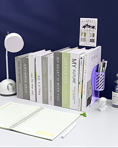 MSDADA Adjustable Bookends, Book Ends for Heavy Books, Expandable Book Organizer with Pen Holder for Desk, Shelf, Office, for 6 7 8 9-15 Boys and Girls, Extends up to 19 inches (Purple)