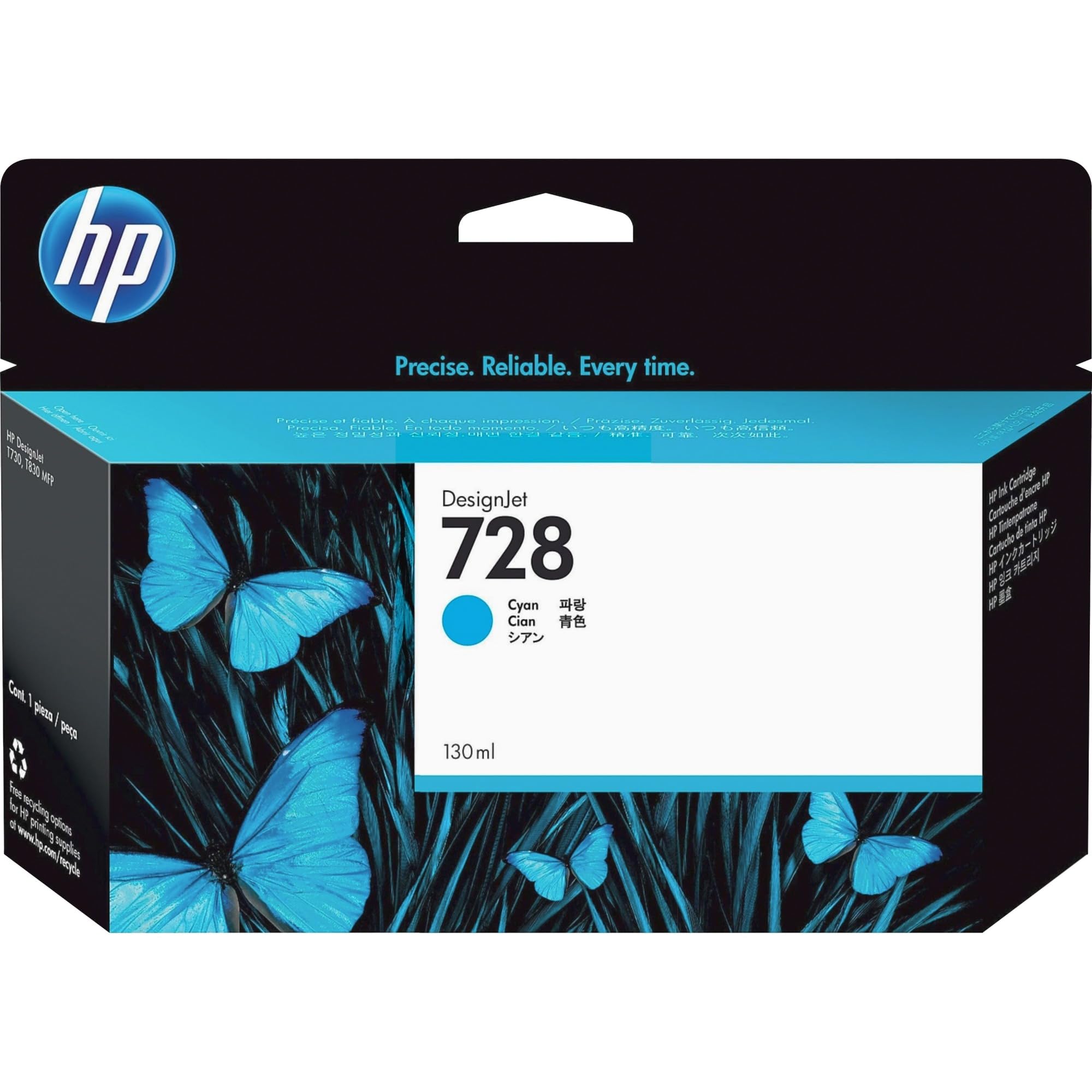 HP 728 Cyan 130-ml Genuine Ink Cartridge (F9J67A) for DesignJet T830 MFP & T730 Large Format Plotter Printers
