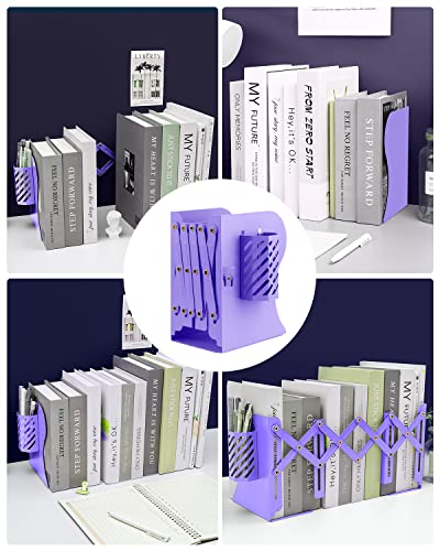 MSDADA Adjustable Bookends, Book Ends for Heavy Books, Expandable Book Organizer with Pen Holder for Desk, Shelf, Office, for 6 7 8 9-15 Boys and Girls, Extends up to 19 inches (Purple)