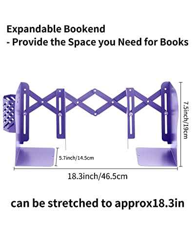 MSDADA Adjustable Bookends, Book Ends for Heavy Books, Expandable Book Organizer with Pen Holder for Desk, Shelf, Office, for 6 7 8 9-15 Boys and Girls, Extends up to 19 inches (Purple)