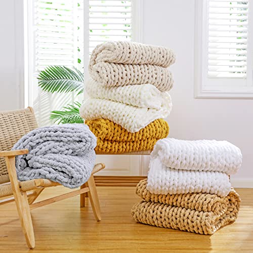 YAAPSU Chunky Knit Blanket Throw 51x63, Chenille Throw Blankets, Chunky Knitted Throw Blanket for Couch & Bed, Soft Large Knit Throw Blankets Chunky Yarn, Big Thick Cable Knit Crochet Blankets (Beige)