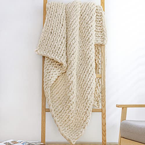 YAAPSU Chunky Knit Blanket Throw 51x63, Chenille Throw Blankets, Chunky Knitted Throw Blanket for Couch & Bed, Soft Large Knit Throw Blankets Chunky Yarn, Big Thick Cable Knit Crochet Blankets (Beige)