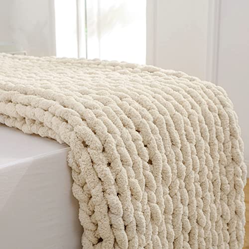 YAAPSU Chunky Knit Blanket Throw 51x63, Chenille Throw Blankets, Chunky Knitted Throw Blanket for Couch & Bed, Soft Large Knit Throw Blankets Chunky Yarn, Big Thick Cable Knit Crochet Blankets (Beige)