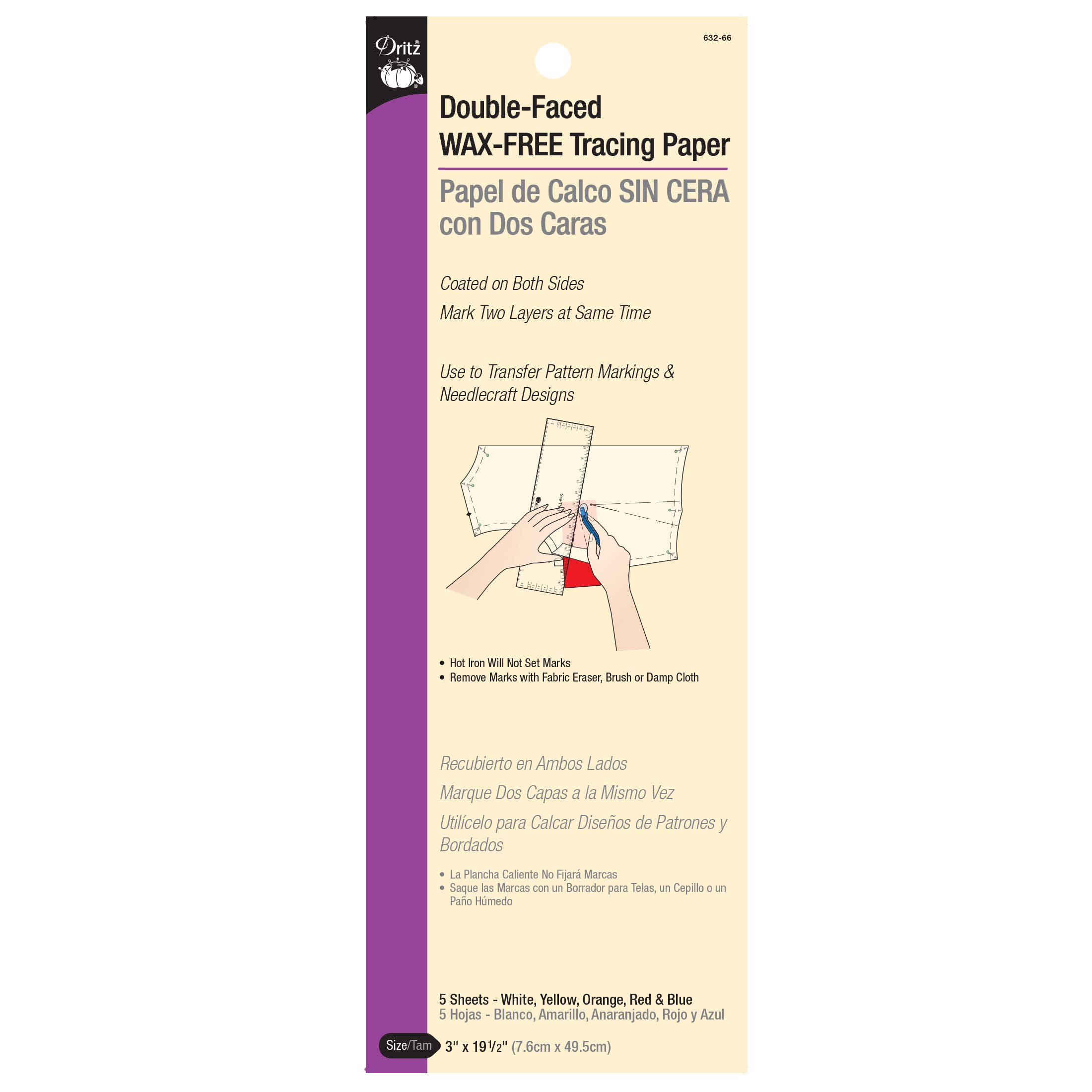 Dritz Double-Faced & Wax Free, 5 Sheets, Multicolor Tracing Paper, 3 x 19-1/2-Inch, 5 Count