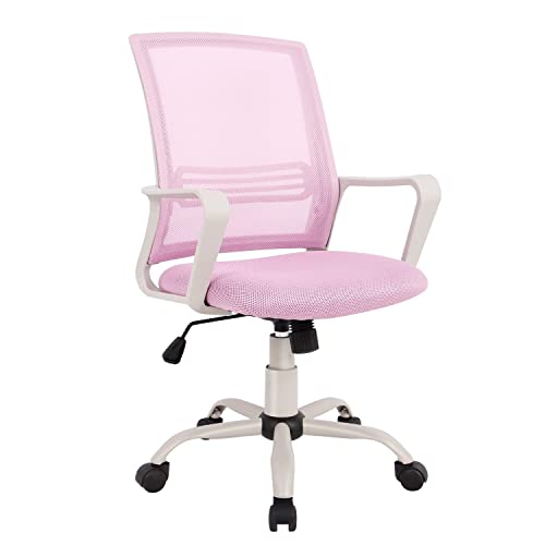 Small Office Chair Ergonomic Home Office Desk Chairs with Wheels Computer Desk Chair Mid Back Task Chair with Armrests Lumbar Support,Pink
