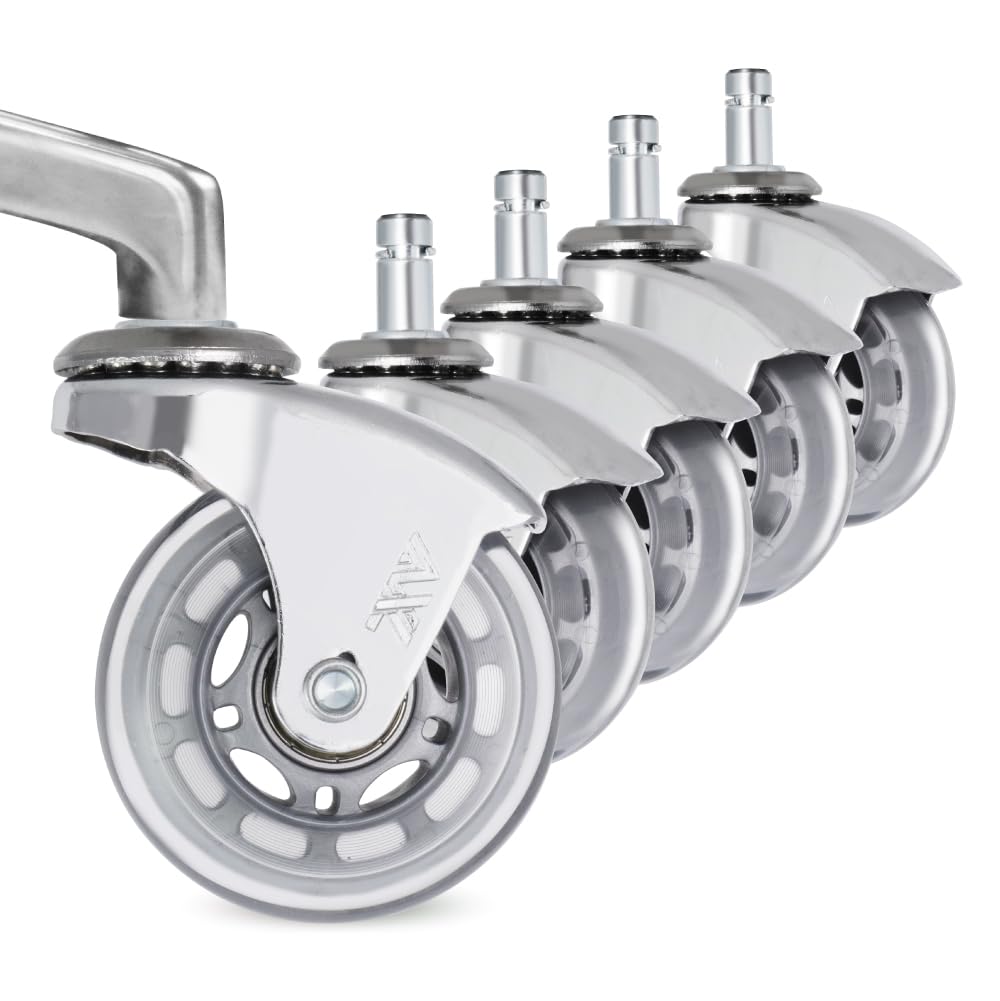 Office Chair Caster Wheels 2.5 Inch, Roller Blade Wheels Replacement Rubber Chair Casters for Hardwood Floors and Carpet, Set of 5 (Chrome Bracket/Grey/Clear)