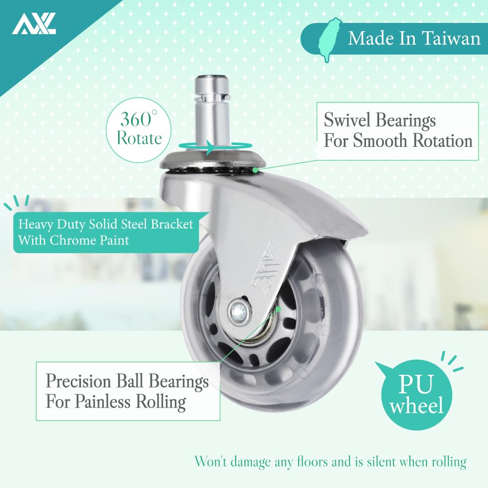 Office Chair Caster Wheels 2.5 Inch, Roller Blade Wheels Replacement Rubber Chair Casters for Hardwood Floors and Carpet, Set of 5 (Chrome Bracket/Grey/Clear)