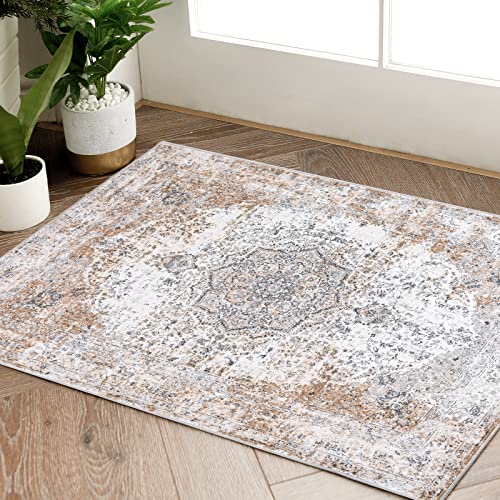 jinchan Area Rug 2x3 Persian Rug Door Mat Taupe Vintage Distressed Rug Doormat Indoor Entrance Traditional Foldable Thin Rug Floral Print Non Slip Carpet for Kitchen Bathroom Bedroom Living Room