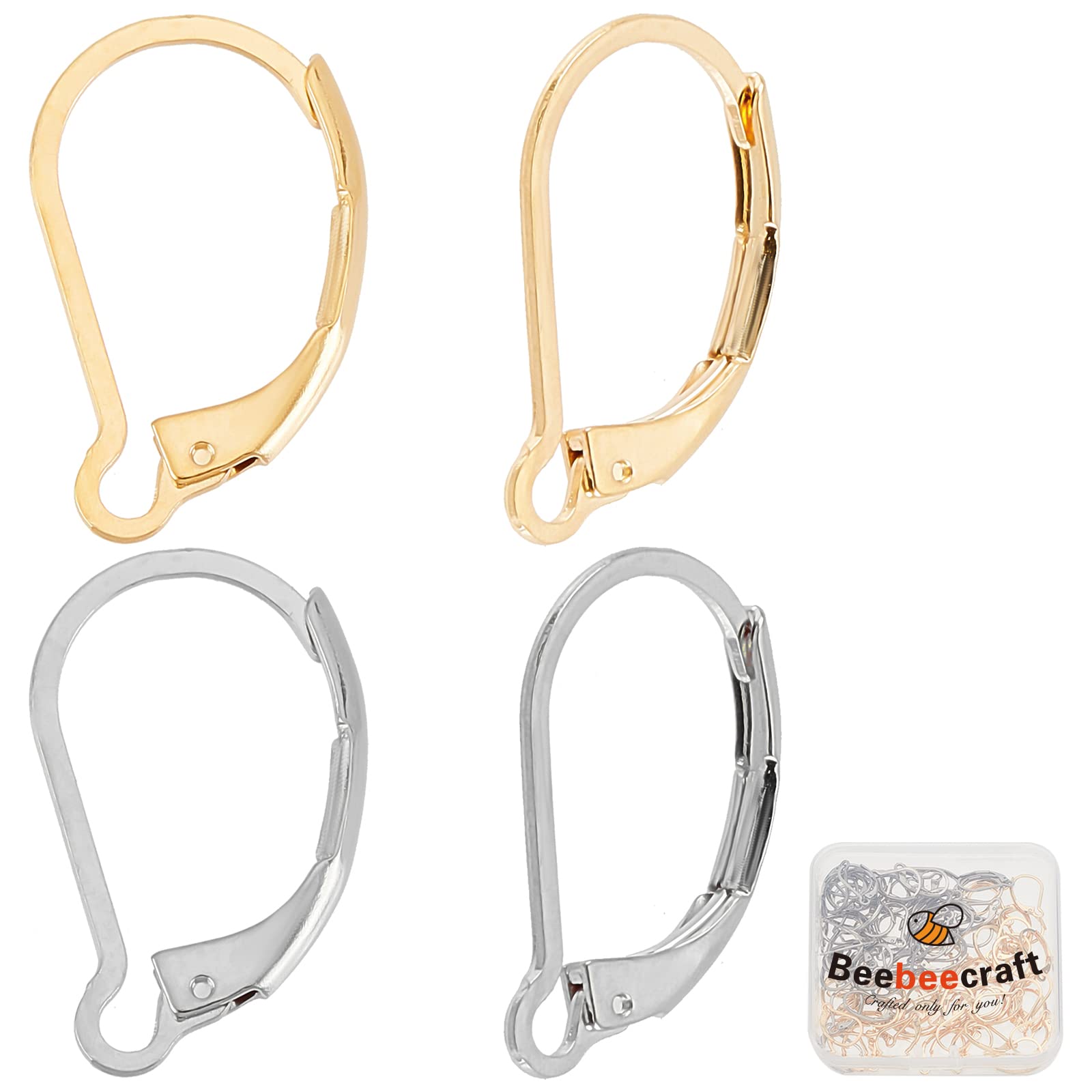 Beebeecraft 100Pcs Real 24K Gold Plated Leverback Earwires French Earring Hooks Silver and Gold 16.5x10mm Interchangeable Dangle Ear Wire Findings Stainless Steel for Jewelry Making