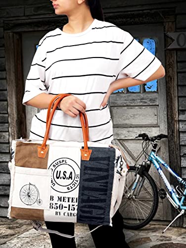 CLA Bags SEL de MER Upcycled Large Upcycled Canvas Crossbody Bag & Cowhide Tote Bag, Upcycled Canvas & Cowhide Leather Handbag Bag for Women