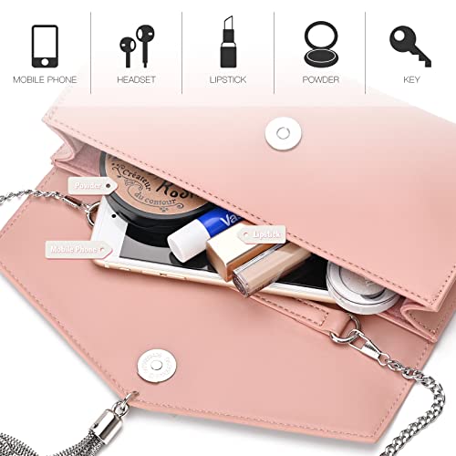 GM LIKKIE Clutch Purse for Women, Envelope Evening Clutch Handbag, Crossbody Foldover PU Leather Shoulder Bag (Pink)