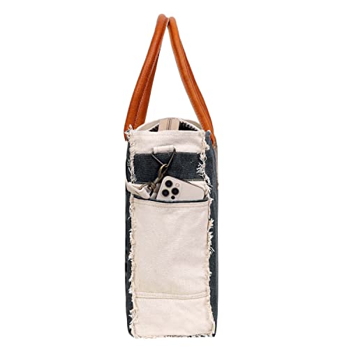 CLA Bags SEL de MER Upcycled Large Upcycled Canvas Crossbody Bag & Cowhide Tote Bag, Upcycled Canvas & Cowhide Leather Handbag Bag for Women