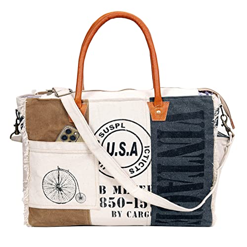 CLA Bags SEL de MER Upcycled Large Upcycled Canvas Crossbody Bag & Cowhide Tote Bag, Upcycled Canvas & Cowhide Leather Handbag Bag for Women