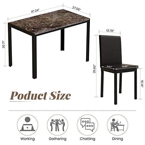 AWQM Dining Table Set for 4, Modern Kitchen Table and Chairs Set, Faux Marble Tabletop and 4 PU Leather Upholstered Chairs Dining Set for Living Room, Kitchen, Dining, Compact Space - Brown