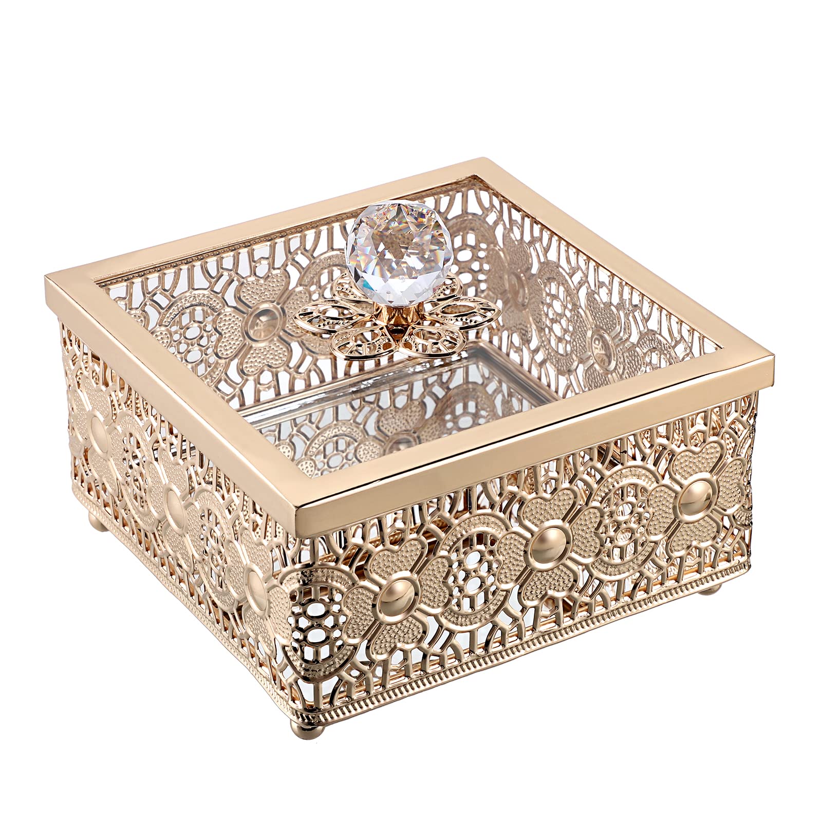 Hipiwe Vintage Gold Jewelry Box with Glass Lid Mirrored Trinket Box Square Hollow Out Metal Decorative Box for Rings Earrings Antique Treasure Chest Box Keepsake Box Gift for Girls & Women