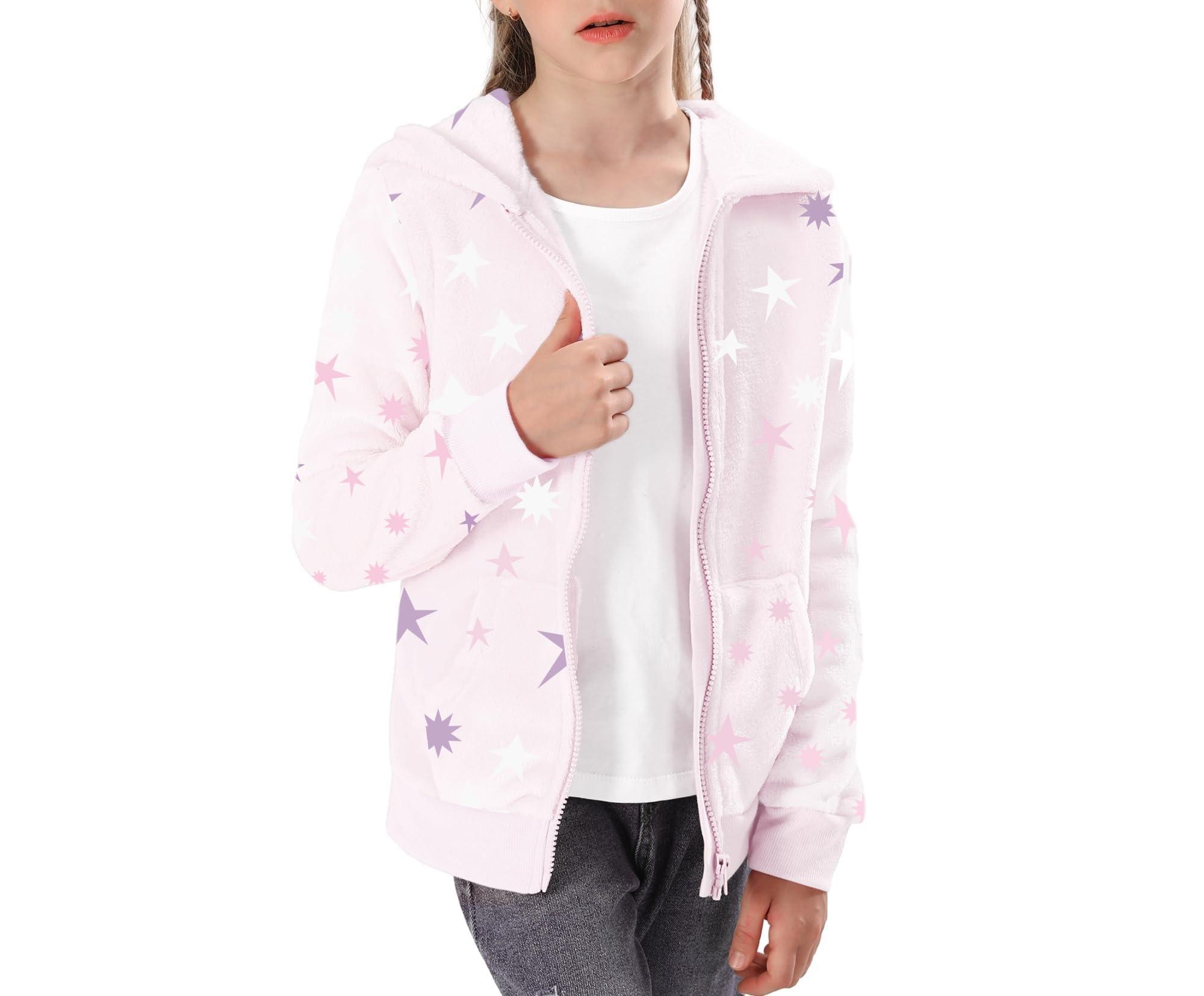 V.&GRIN Girl Zip up Hoodie Sweatshirt Soft Fuzzy Fleece Jacket with Pocket for Girls 5-16 Years(Pink Stars 7-8
