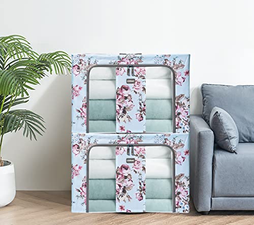 LitBear 2 Pack 100L Clothes Storage Bins Foldable Metal Frame Storage Box - Stackable Oxford Fabric Container Organizer Set with Carrying Handles and Clear Window(Blue floral)