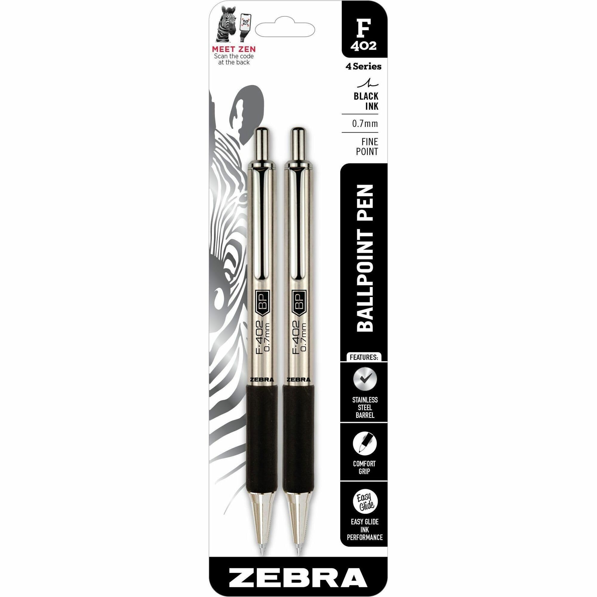 Zebra Pen F-402 Retractable Ballpoint Pen, Stainless Steel Barrel, Fine Point, 0.7mm, Black Ink, 2-Pack