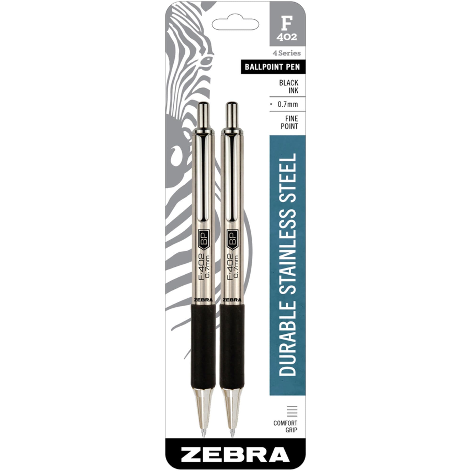 Zebra Pen F-402 Retractable Ballpoint Pen, Stainless Steel Barrel, Fine Point, 0.7mm, Black Ink, 2-Pack
