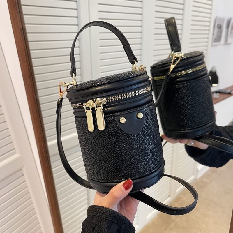 Zgsalvation Handbag Spring PU Leather Women's Designer Handbag Cylinder Shoulder Bag Luxury Brand Tote Bucket Bag (Color : Black, Size : 12.5cmx16.5cmx11cm)