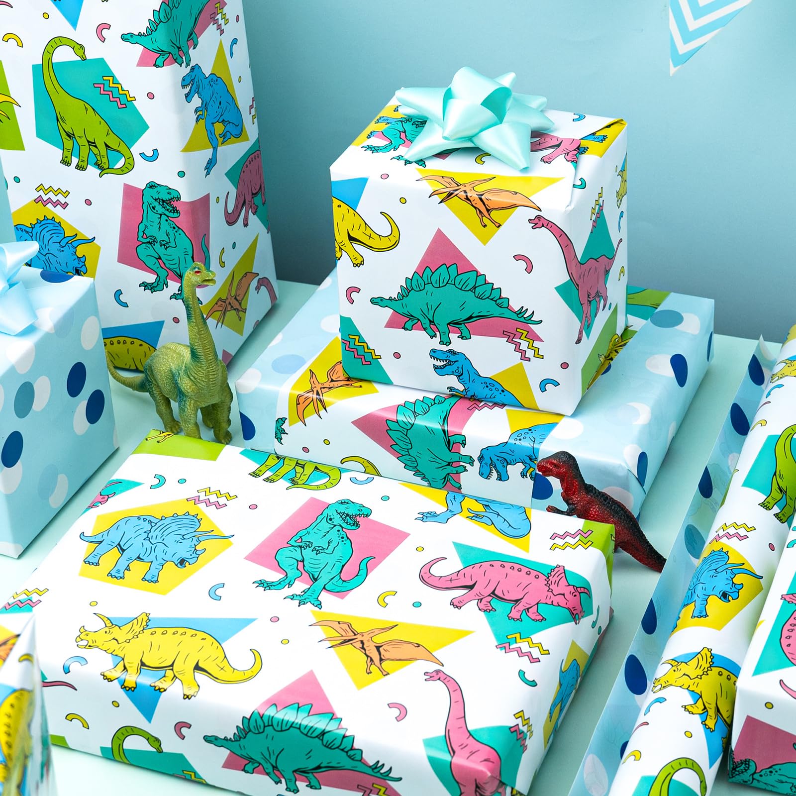 MAYPLUSS Wrapping Paper Sheet - Folded Flat - 3 Large sheets - Green Dinosaurt Design(22.6 sq.ft.ttl) - 27.5 inch X 39.4 inch Per Sheet