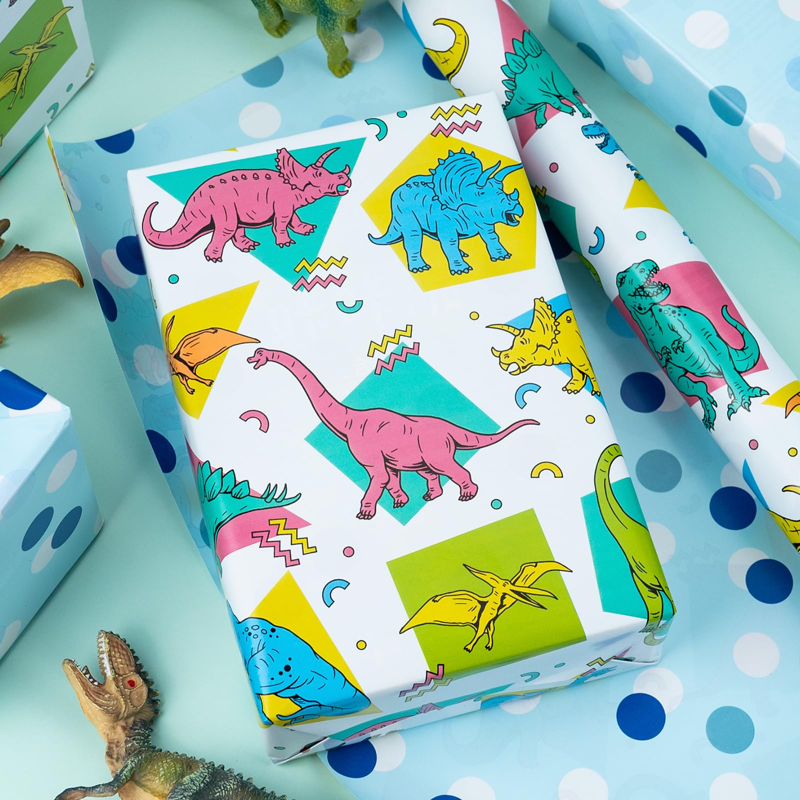 MAYPLUSS Wrapping Paper Sheet - Folded Flat - 3 Large sheets - Green Dinosaurt Design(22.6 sq.ft.ttl) - 27.5 inch X 39.4 inch Per Sheet