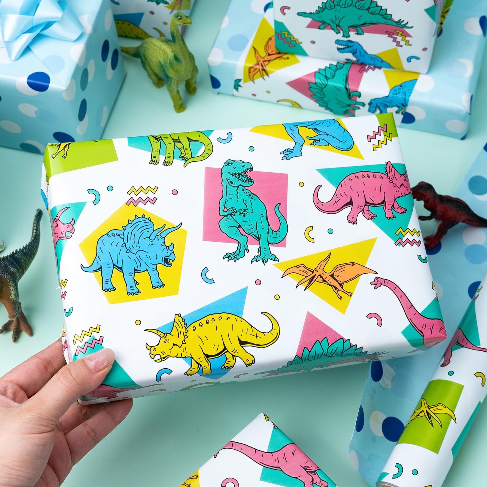 MAYPLUSS Wrapping Paper Sheet - Folded Flat - 3 Large sheets - Green Dinosaurt Design(22.6 sq.ft.ttl) - 27.5 inch X 39.4 inch Per Sheet
