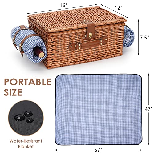 Picnic Baskets for 2, Picnic Basket with Waterproof Blanket, Picnic Basket Set with Washable Beach Mat & Large Insulated Cooler Compartment, Handmade Natural Wicker Hamper for Camping, Outdoor Party