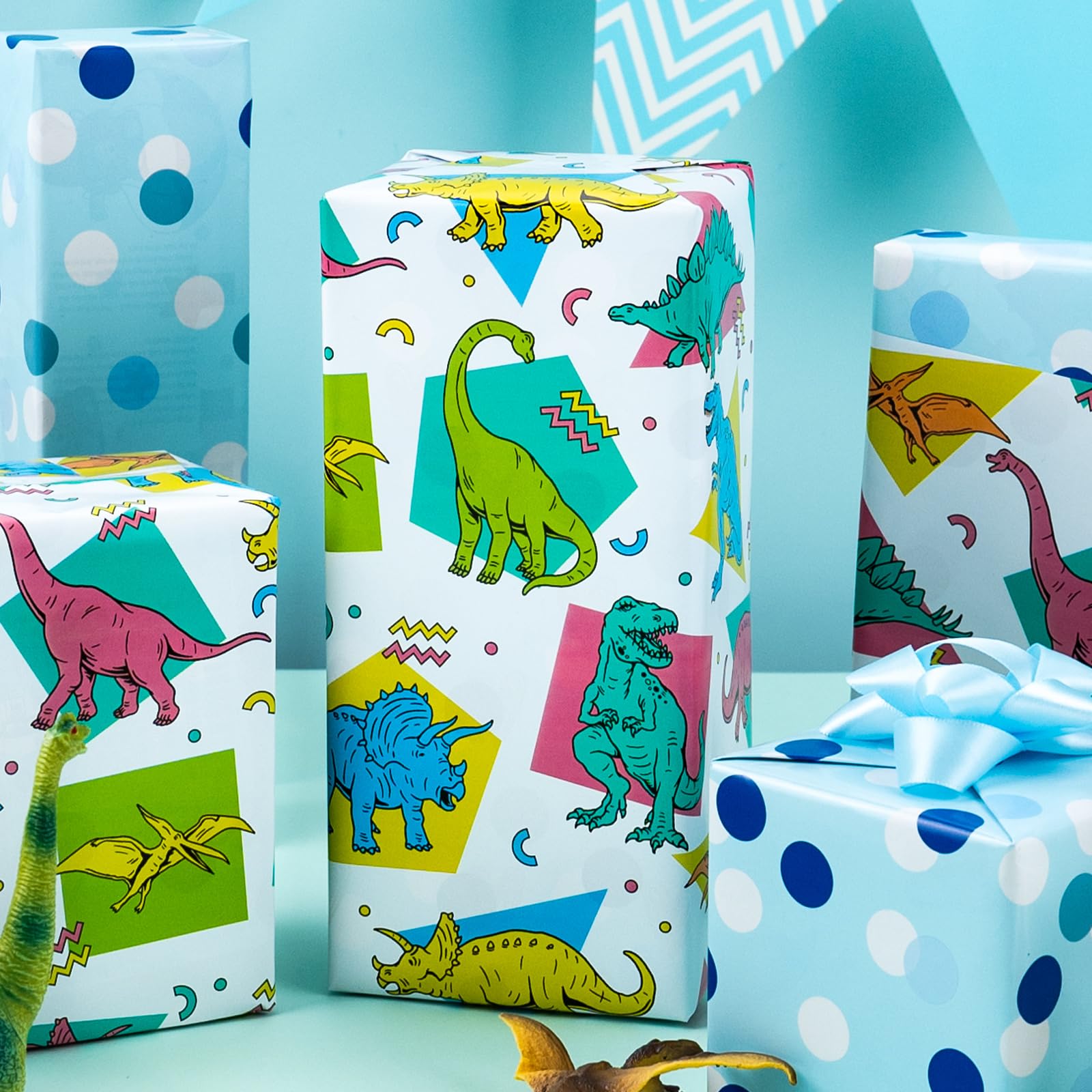 MAYPLUSS Wrapping Paper Sheet - Folded Flat - 3 Large sheets - Green Dinosaurt Design(22.6 sq.ft.ttl) - 27.5 inch X 39.4 inch Per Sheet