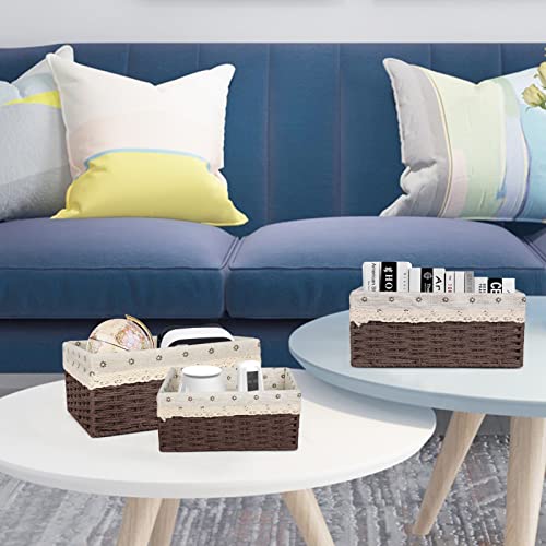 Storage Baskets for Shelves, Handmade Imitation Wicker Storage Baskets Set of 3 Stackable Woven Baskets for Storage with Removable Cotton Liner for Toilet Countertop Bedroom Livingroom Office Rectangle Decorative Storage Bins (Brown