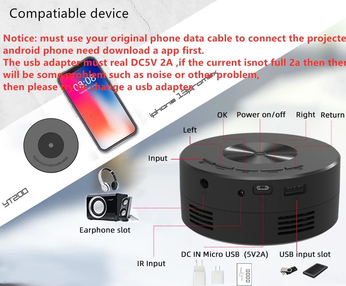 Portable Home Mini USB Projector for Phone with Remote Controller Built-in Speaker,Audio Port,Android iOS Phone Tablet USB Flash Driver Compatible