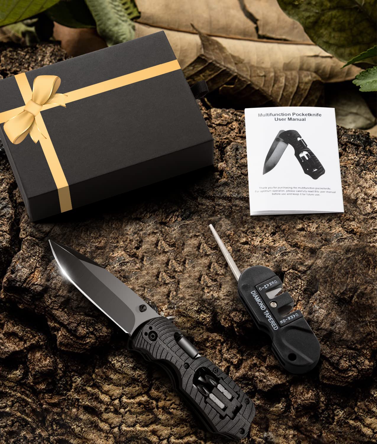 GODCRAE Gifts for Men Dad, Pocket Multitool Knife with 1/4-Inch Hex Drive, 2 Flathead Bits 2 Crosshead Bits Whetstone Unique Gifts for Christma Birthday Valentines Day Fathers Day