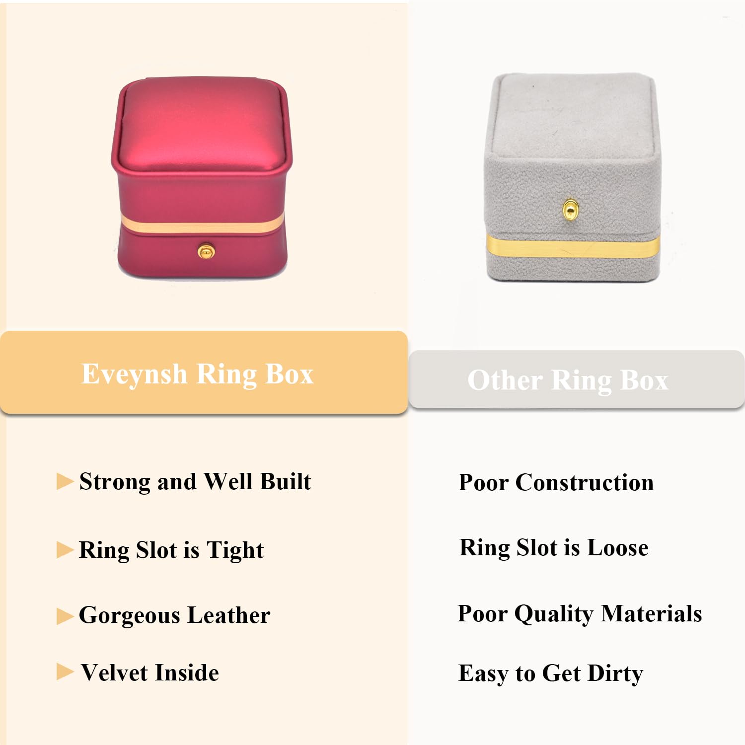 Eveynsh Wedding Engagement Ring Box Red, Square Leather Velvet Jewelry Ring Bearer Box, Premium Gorgeous Vintage Single Slot Ring Box for Proposal, Ceremony, Anniversary, Gift
