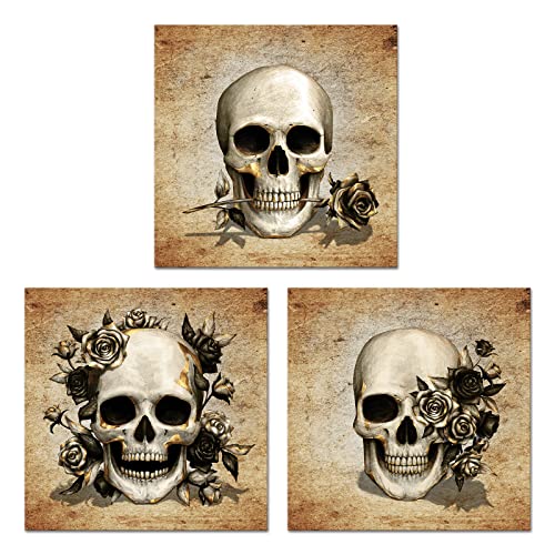 Artsbay 3 Pcs Skull Canvas Wall Art Decor Sets Human Skull Head Skeleton with Vintage Rose Rustic Gothic Art Prints for Home Boys Room Bedroom Living Room Halloween Day of the Dead Decoration