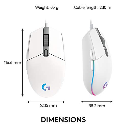 Logitech G203 Lightsync Gaming Mouse with Customizable RGB Lighting, 6 Programmable Buttons, Gaming Grade Sensor, 8 k dpi Tracking, Light Weight (White)