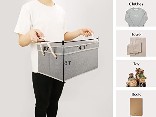 LoforHoney Home Fabric Storage Bins with Lids for Organizing, Foldable Storage Boxes with Lids for Shelves, Clothes Baskets with Cotton Rope Handles, Closet Storage Bins, Large, Light Gray, 2-Pack