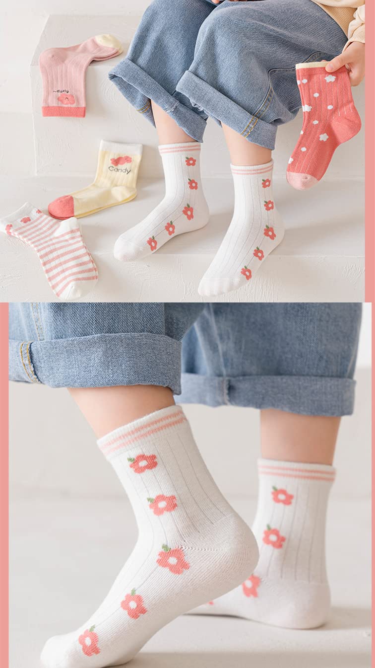 Toptim Kids Girls' Crew Socks Cute Casual Dress Cotton Socks (6-9 Years, 10 Pairs)