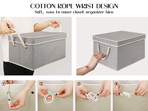 LoforHoney Home Fabric Storage Bins with Lids for Organizing, Foldable Storage Boxes with Lids for Shelves, Clothes Baskets with Cotton Rope Handles, Closet Storage Bins, Large, Light Gray, 2-Pack