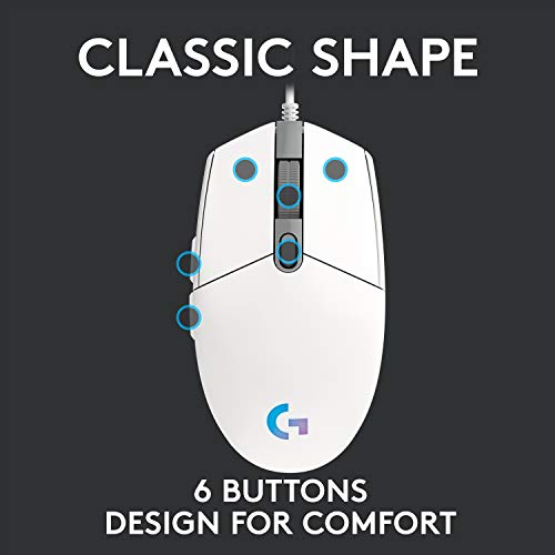 Logitech G203 Lightsync Gaming Mouse with Customizable RGB Lighting, 6 Programmable Buttons, Gaming Grade Sensor, 8 k dpi Tracking, Light Weight (White)