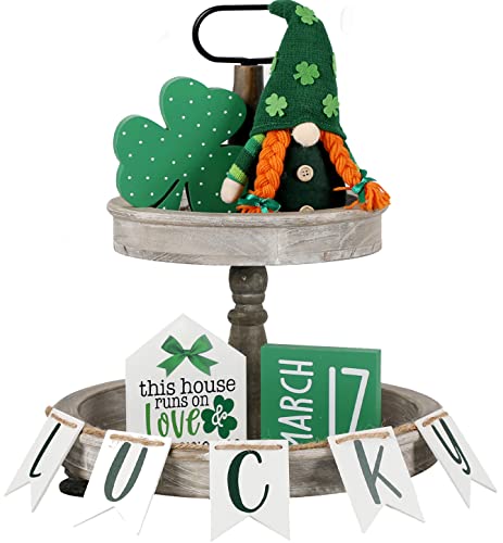 5PCS St. Patrick 's Day Tiered Tray Decor, Gnome, Irish Wood Shamrocks, St.Patrick Day Wood Signs LUCKY Ornament Decoration for Home