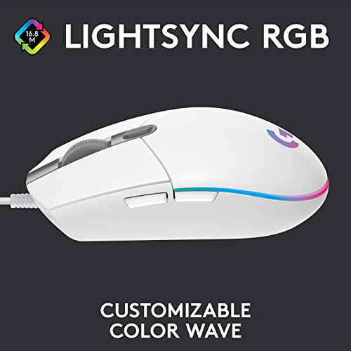 Logitech G203 Lightsync Gaming Mouse with Customizable RGB Lighting, 6 Programmable Buttons, Gaming Grade Sensor, 8 k dpi Tracking, Light Weight (White)